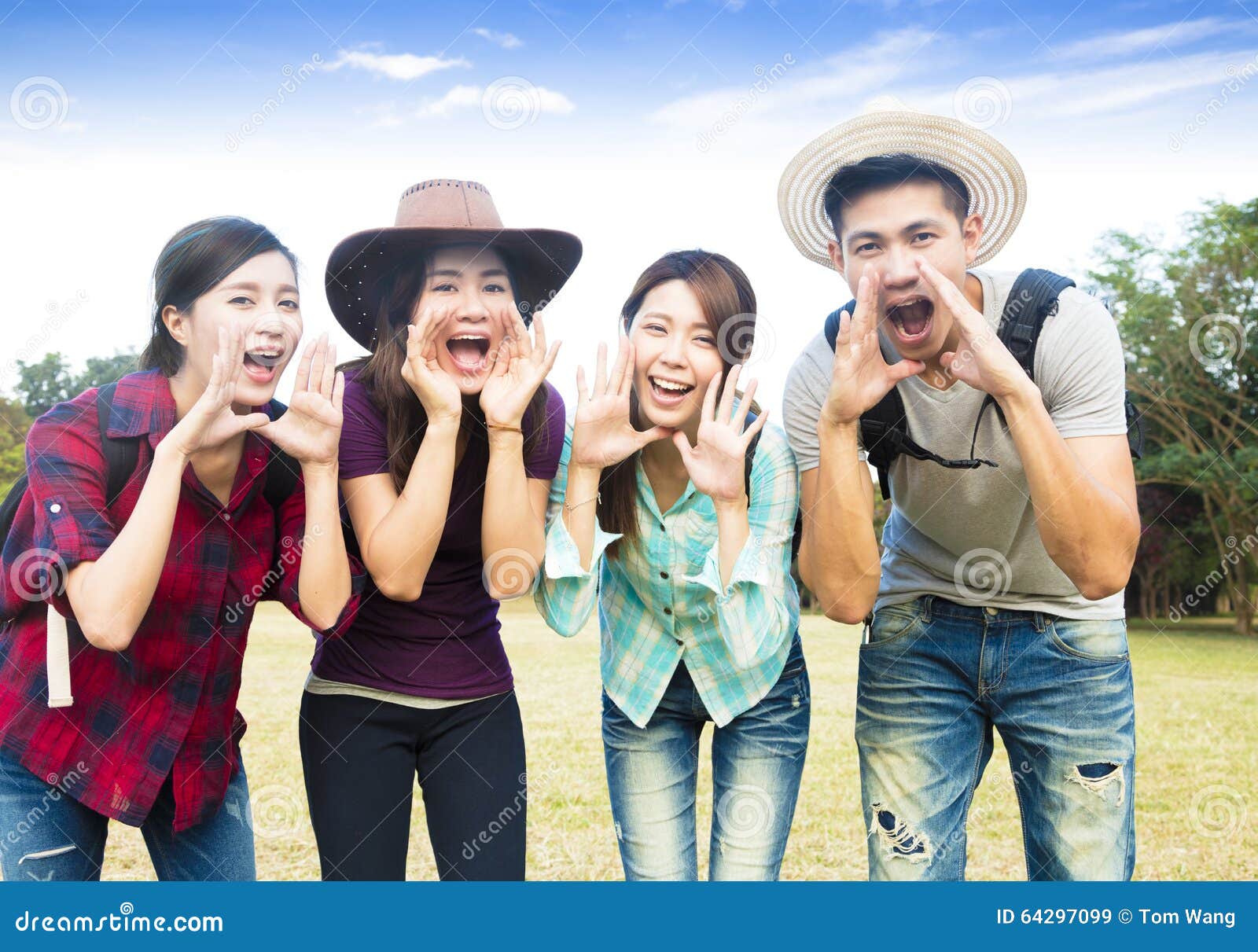 Happy Young Group with Shouting Gesture Stock Image - Image of mouth ...