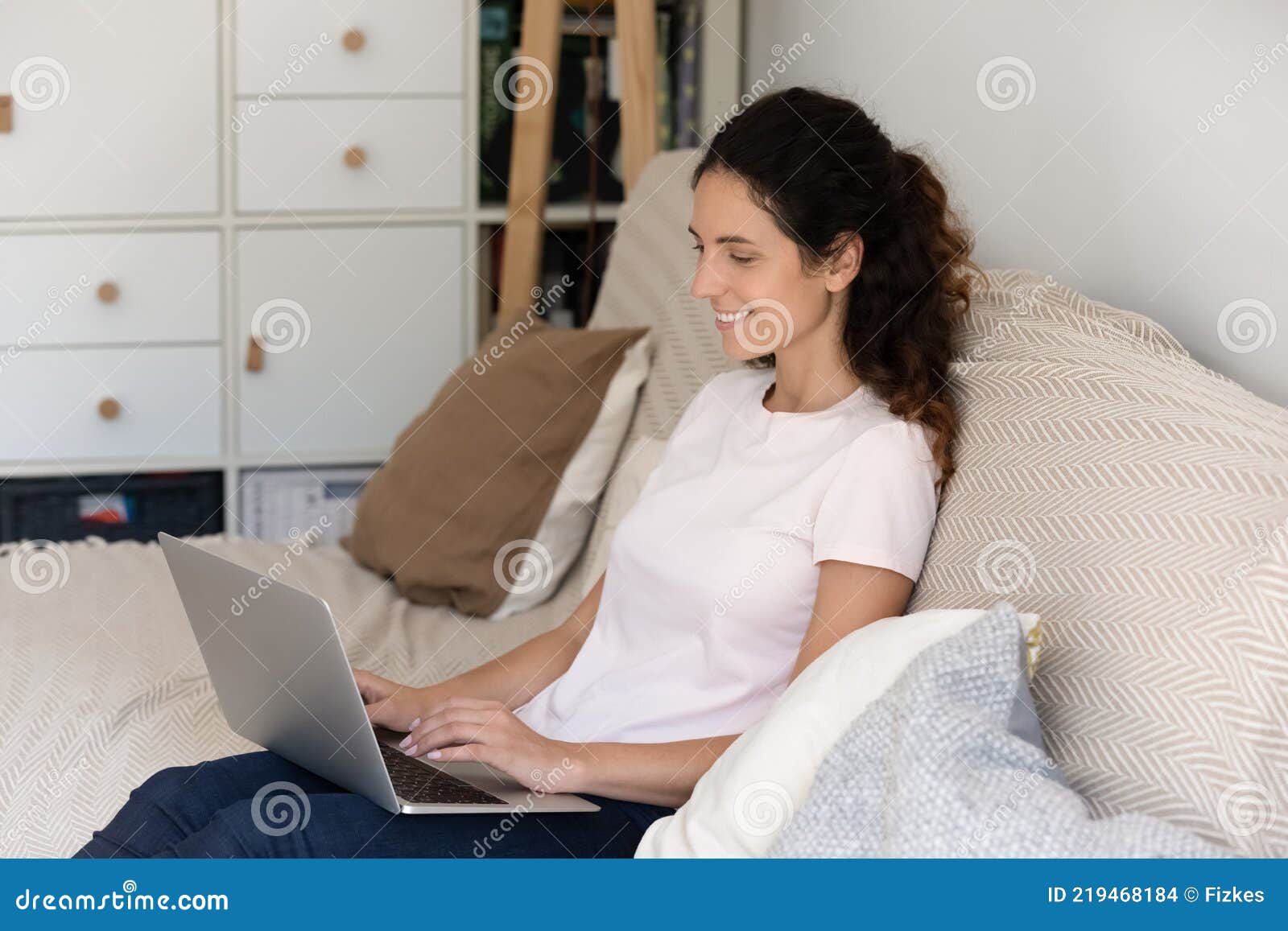 Happy Young Hispanic Latin Woman Using Computer. Stock Photo - Image of ...