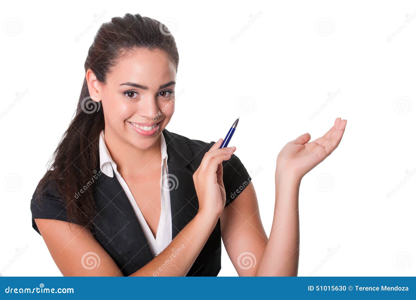Happy Young Lady Points with Pen Stock Photo - Image of isolated ...