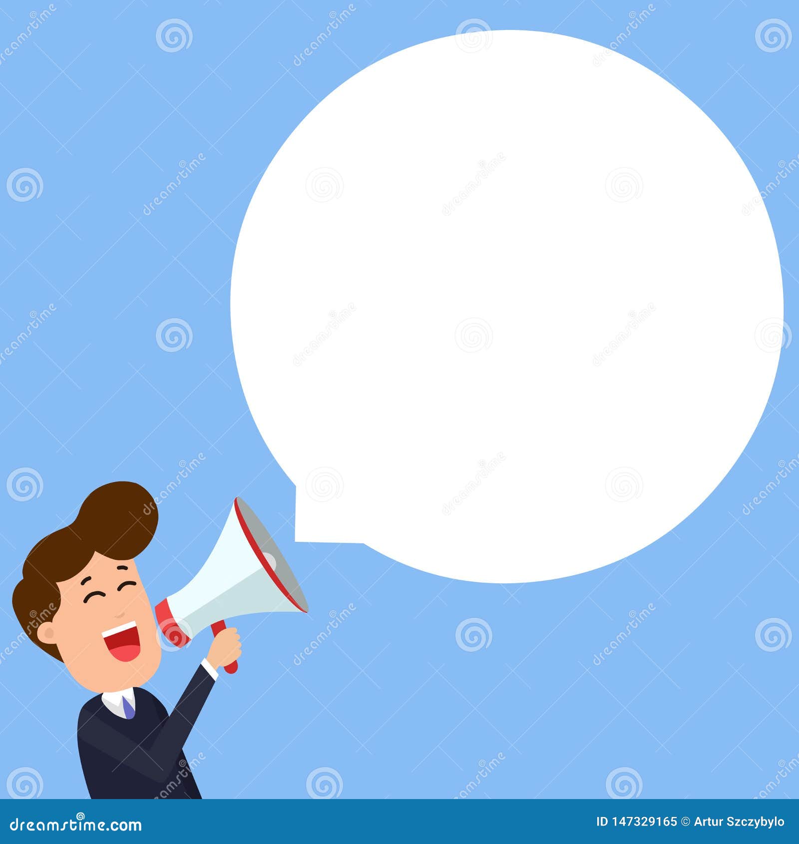 Happy Young Male Shouting into Megaphone with Round Shape Empty Speech ...