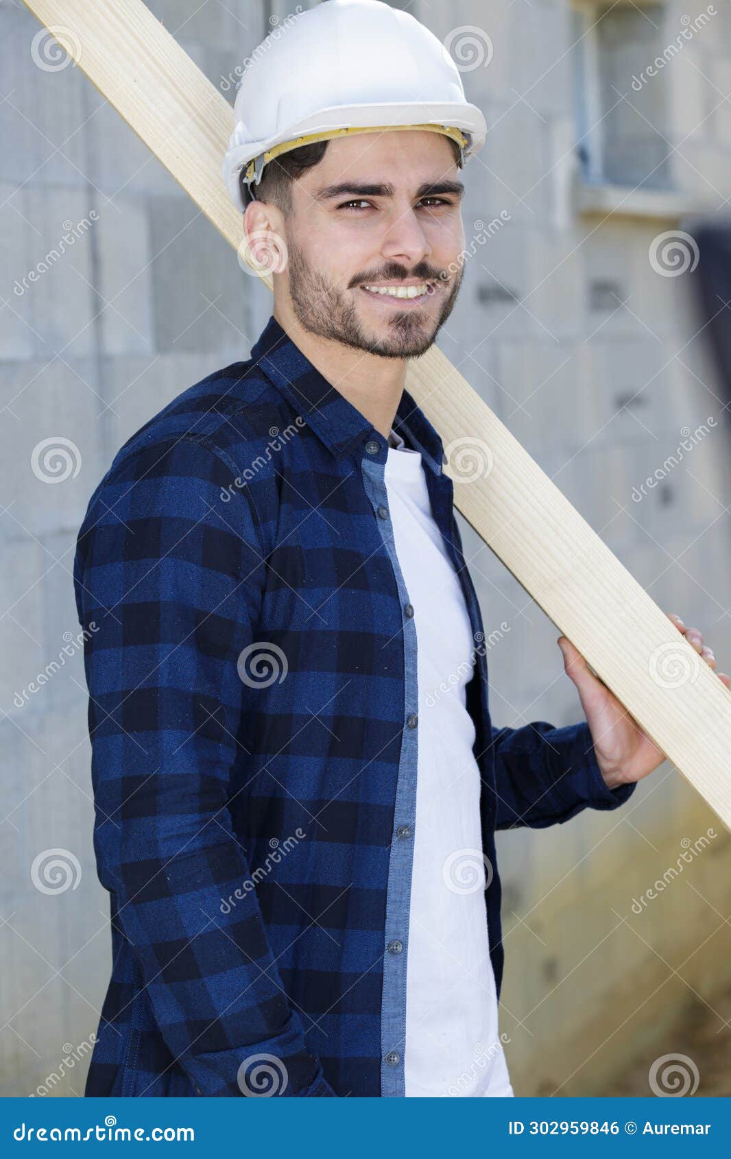 Happy Young Man As Builder Carrying Wood and Working Stock Photo ...