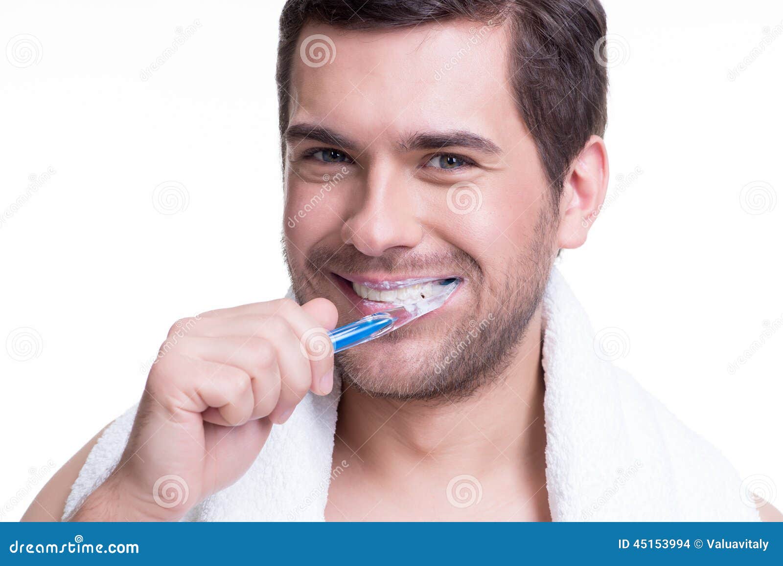 Happy Young Man Brushing Teeth. Stock Photo - Image of brushing ...