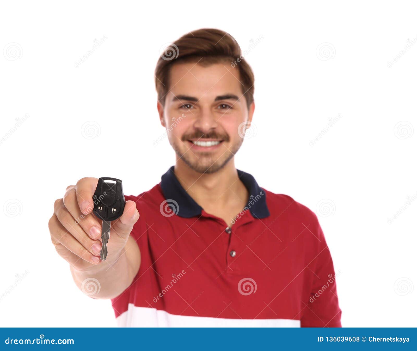 Happy Young Man with Car Key on White Background. Stock Photo - Image ...