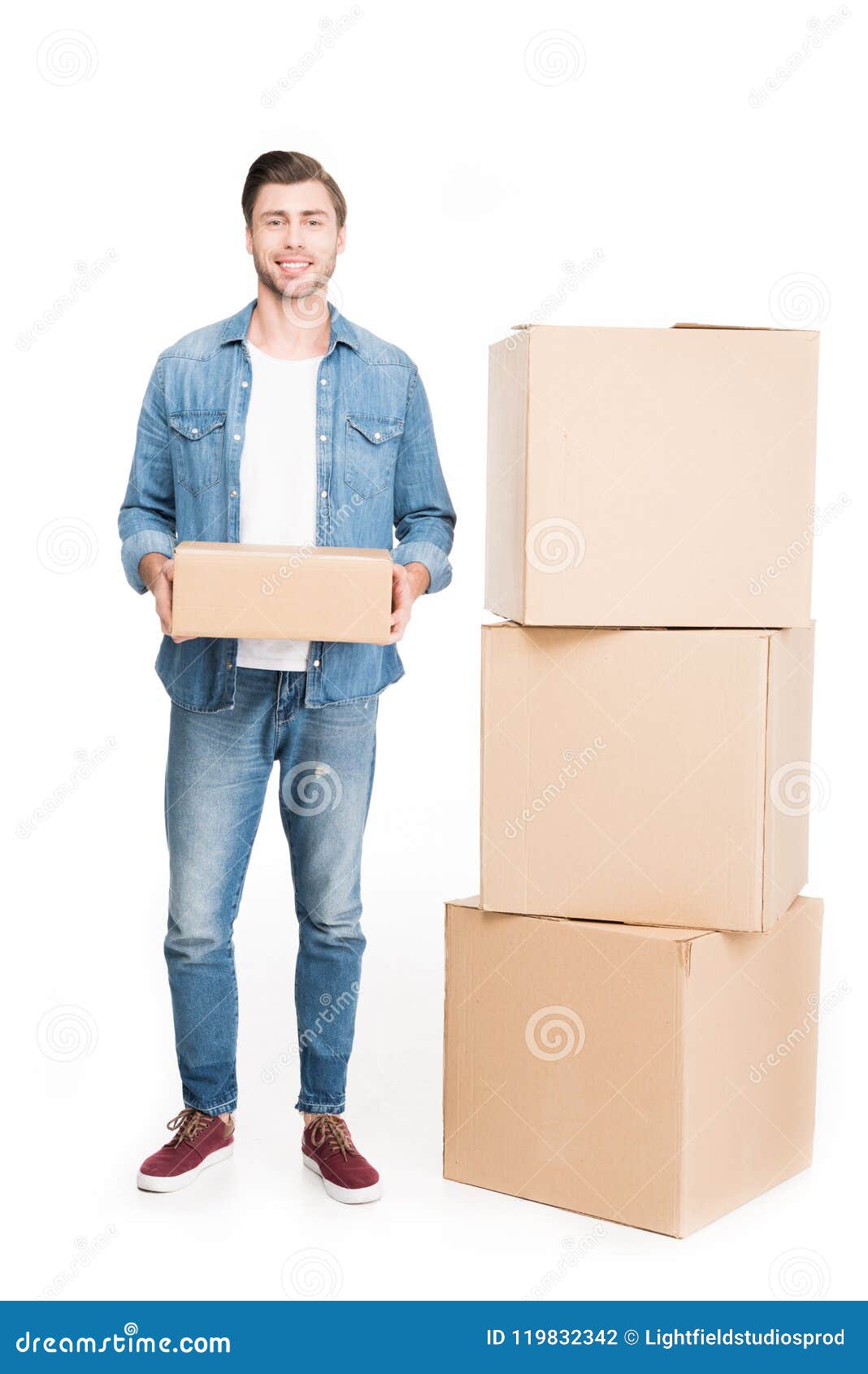 Happy Young Man with Cardboard Boxes, Stock Photo - Image of isolated ...
