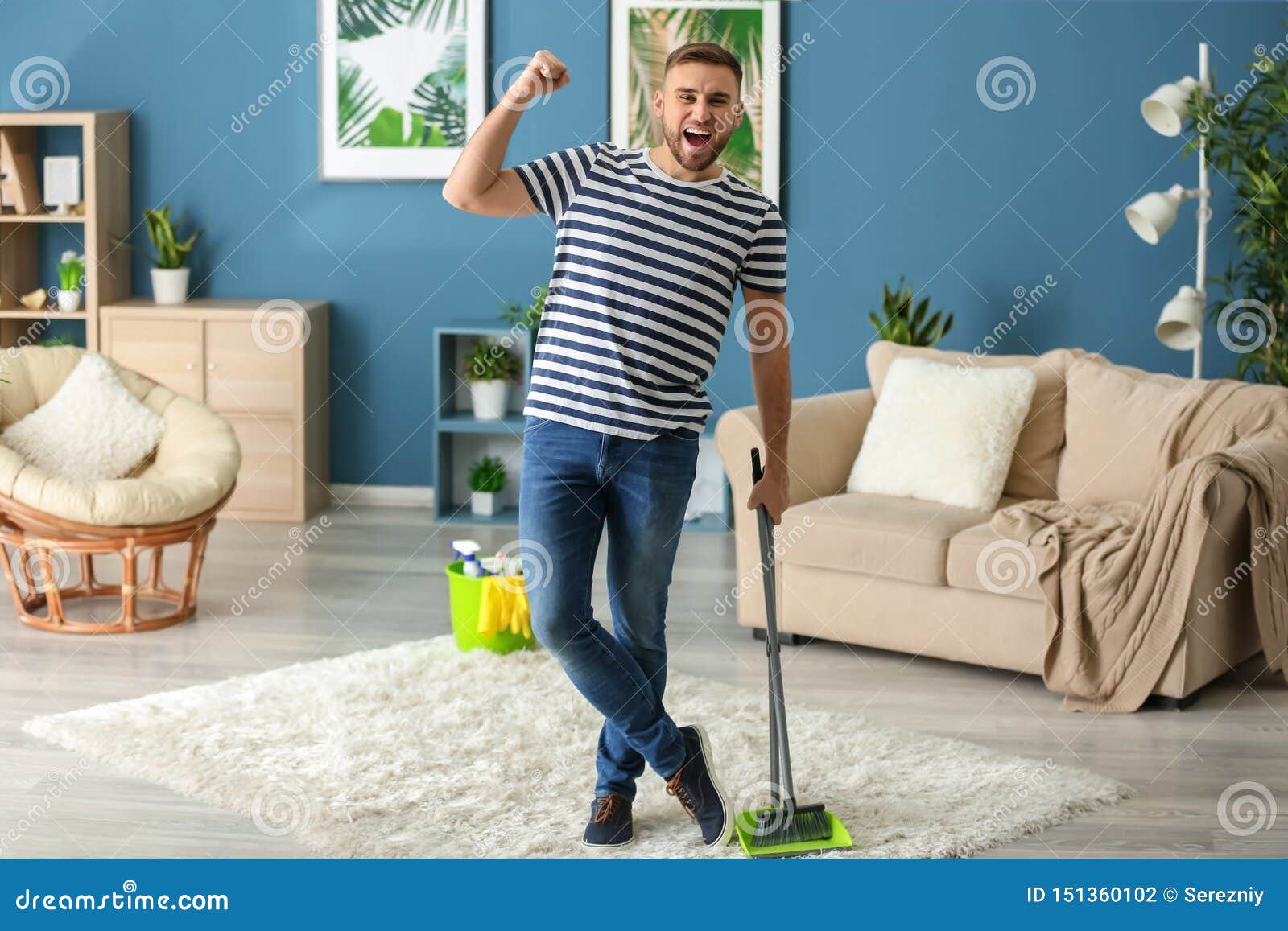 Happy Young Man after Cleaning His Flat Stock Photo - Image of dust ...