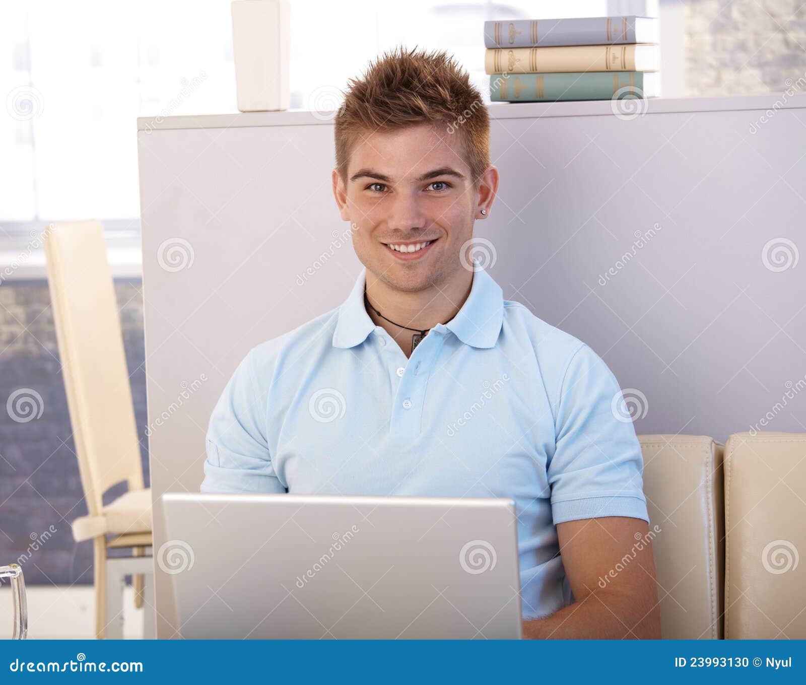 Happy Young Man with Computer Stock Photo - Image of color, american ...