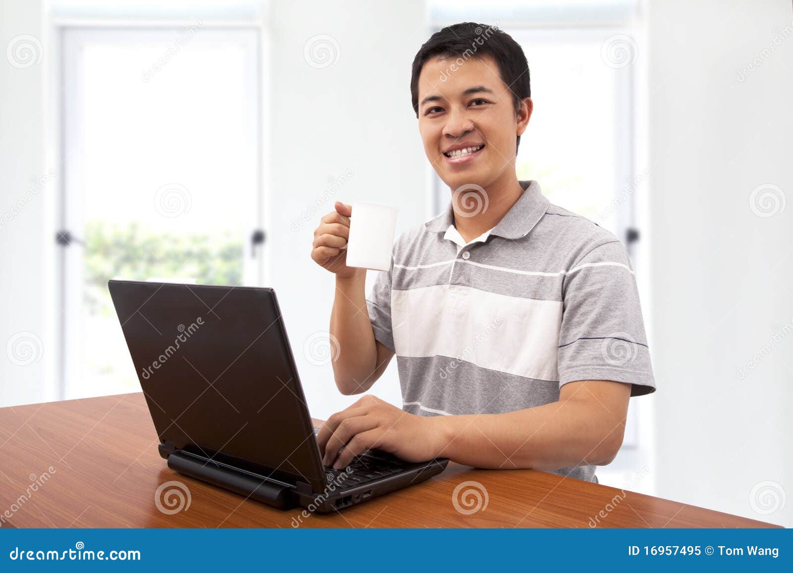 Happy Young Man Enjoy Job with Computer Stock Image - Image of table ...