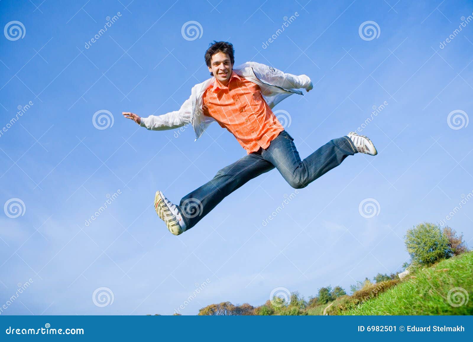 Happy Young Man - Jumping in Blue Sky Stock Image - Image of happiness ...