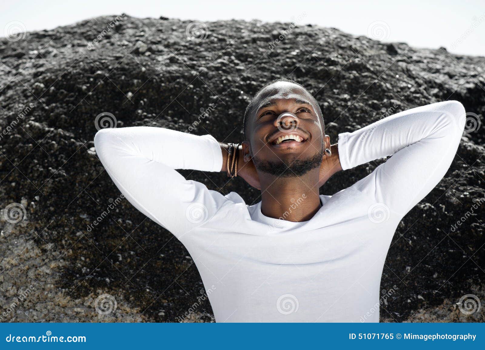 Happy Young Man Laughing Outdoors with Hands Behind Head Stock Image ...