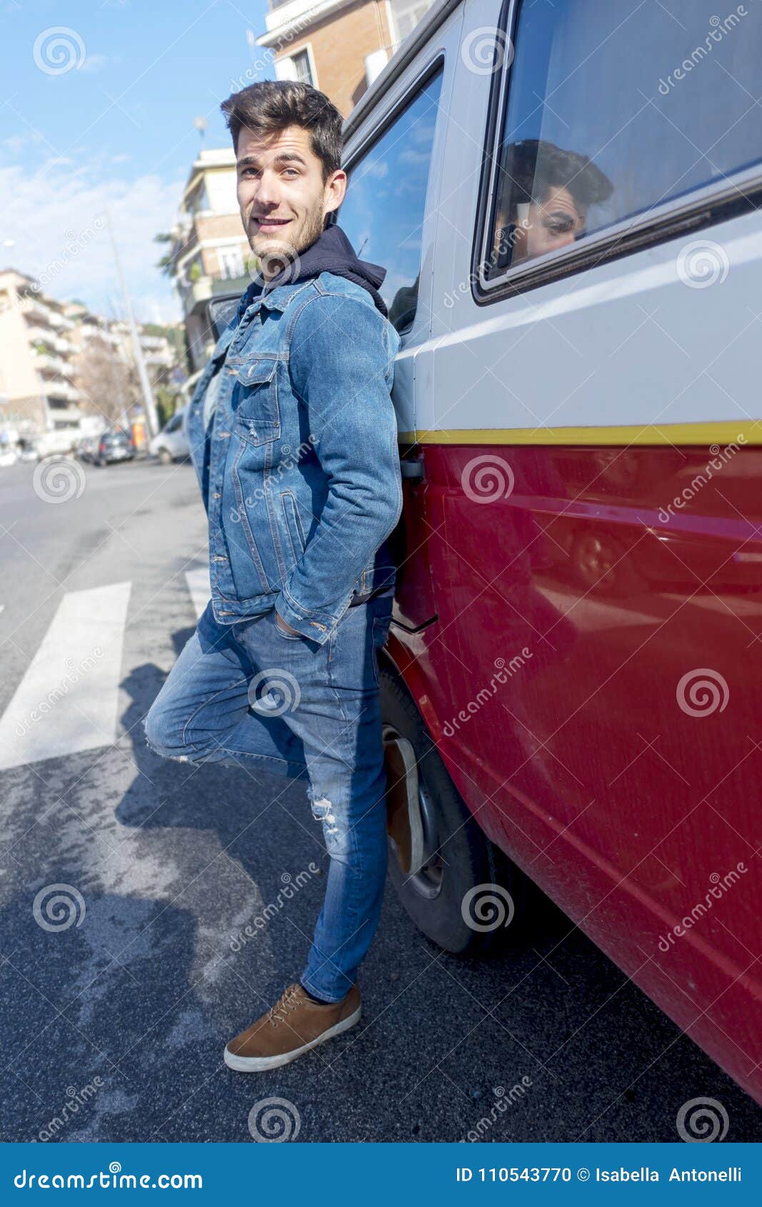 Happy Young Man Leaning at the Retro Mini Van Stock Photo - Image of ...