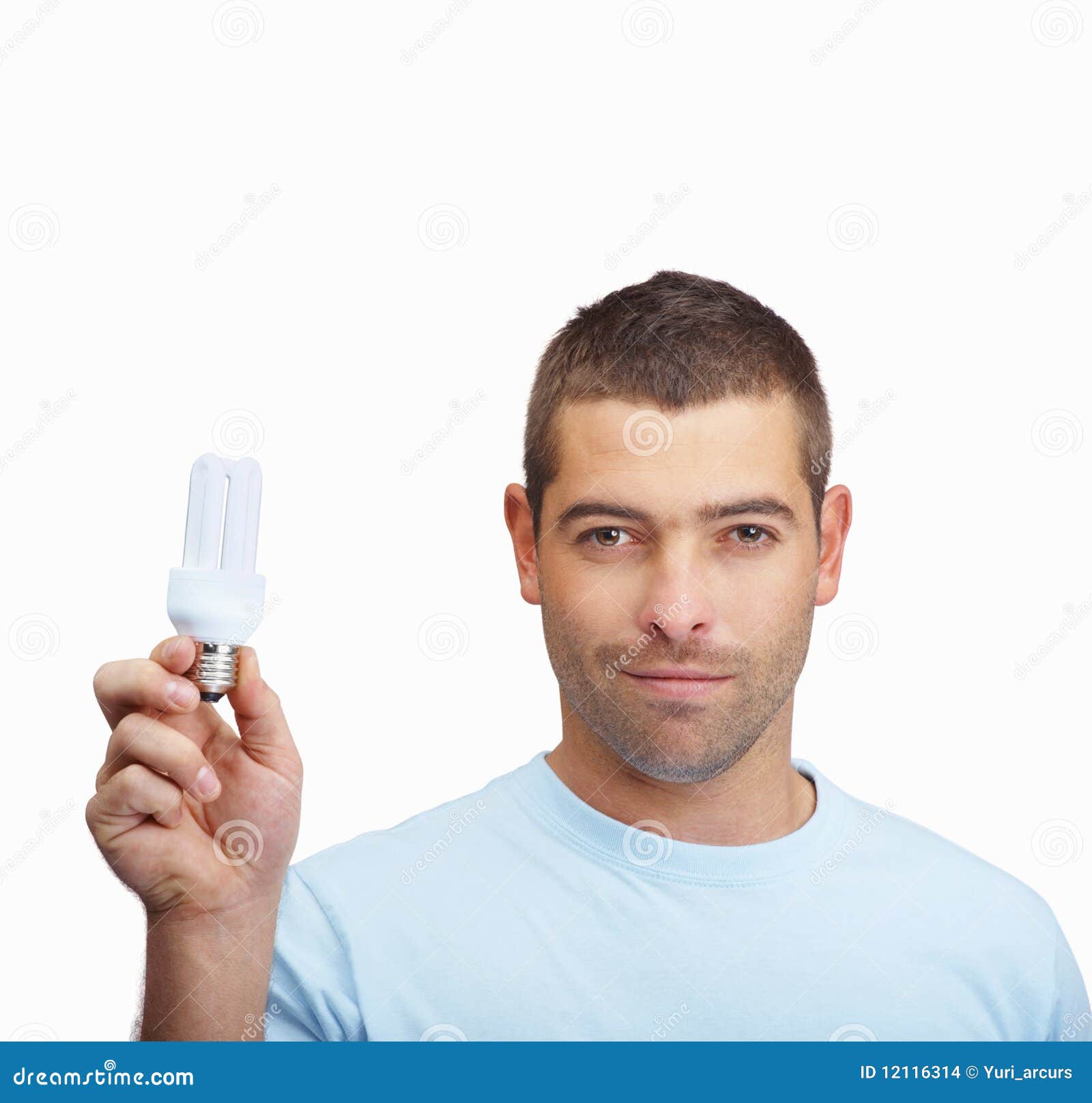 Happy Young Man with a Light Bulb on White Stock Photo - Image of ...