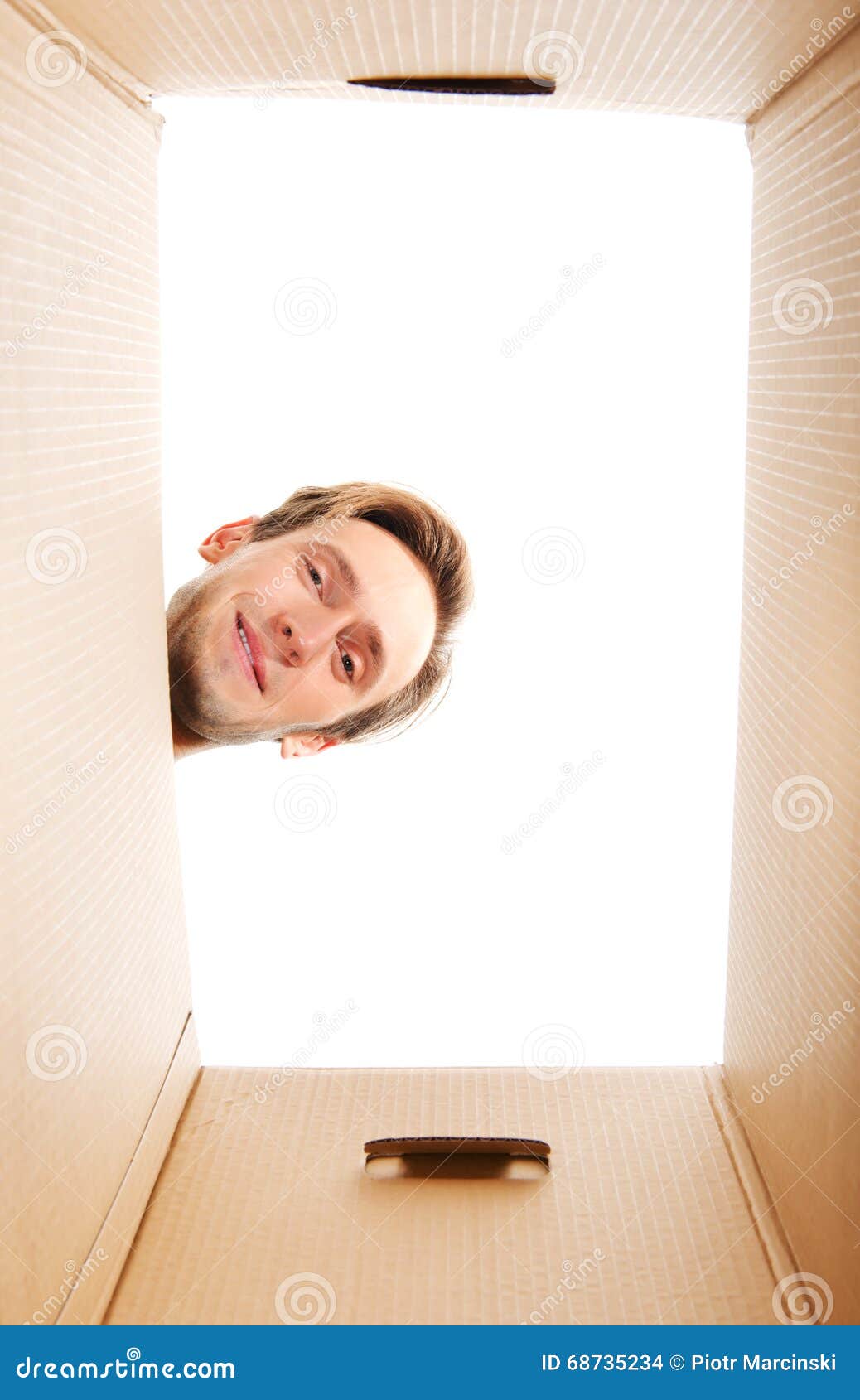 Happy Young Man Looking Inside Box Stock Photo - Image of face, male ...