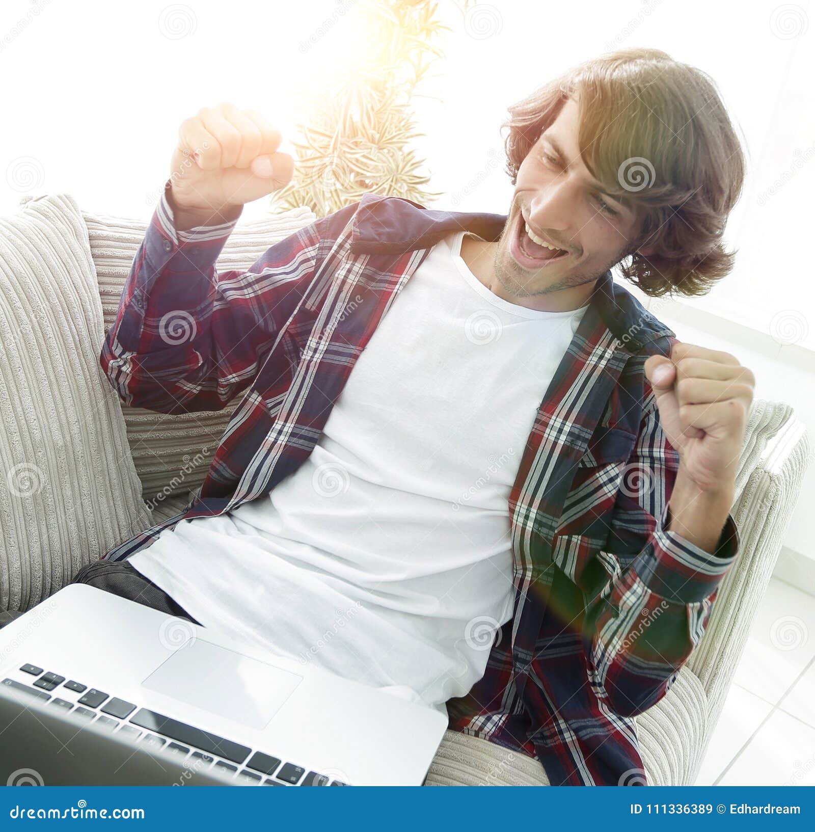 Happy Young Man Looking at Laptop Screen Stock Image - Image of ...