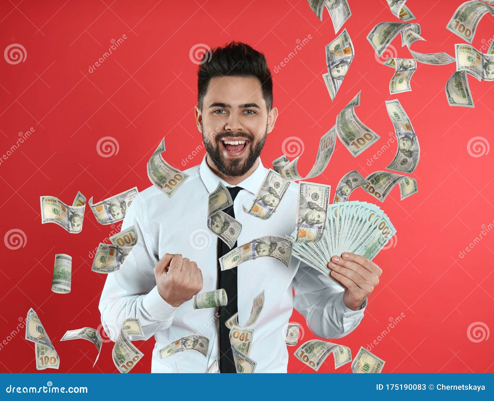 Happy Young Man with Money on Red Background Stock Image - Image of ...