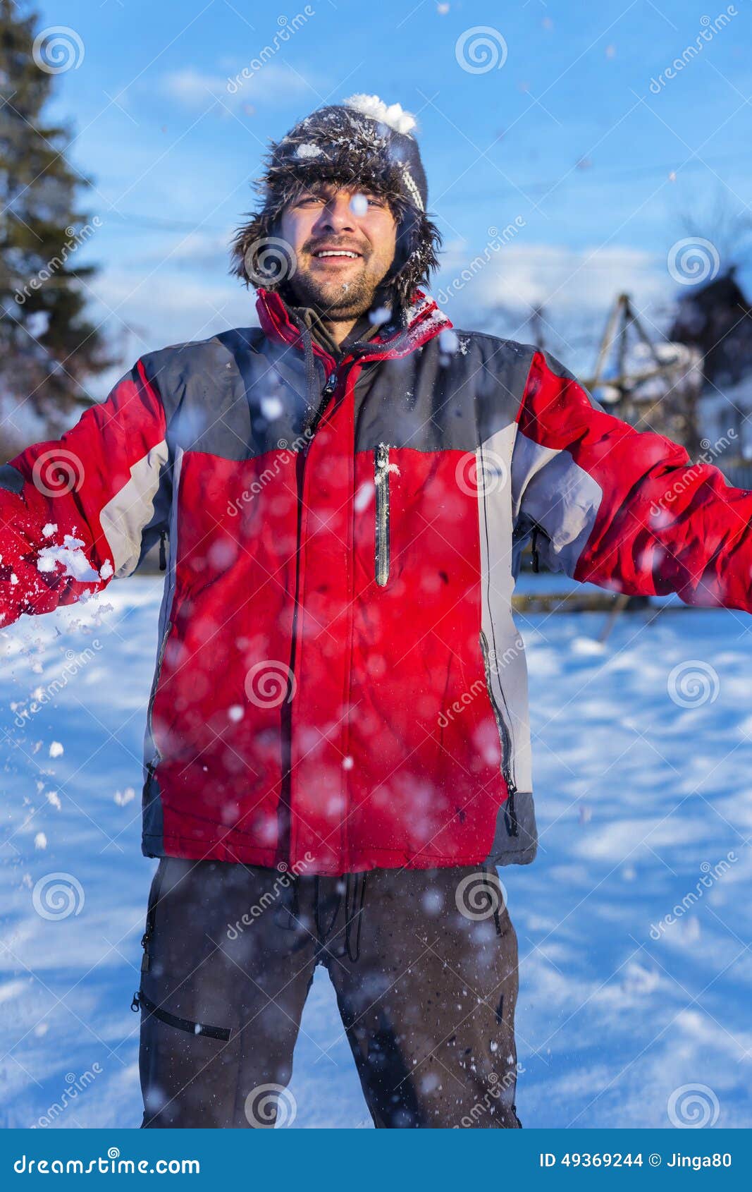Happy Young Man Playing with Snow Stock Photo - Image of active ...
