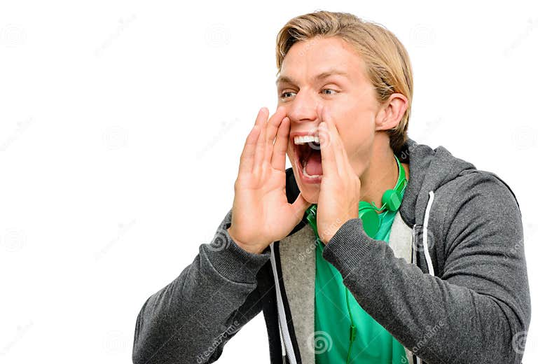 Happy Young Man Shouting Isolated on White Background Stock Image ...