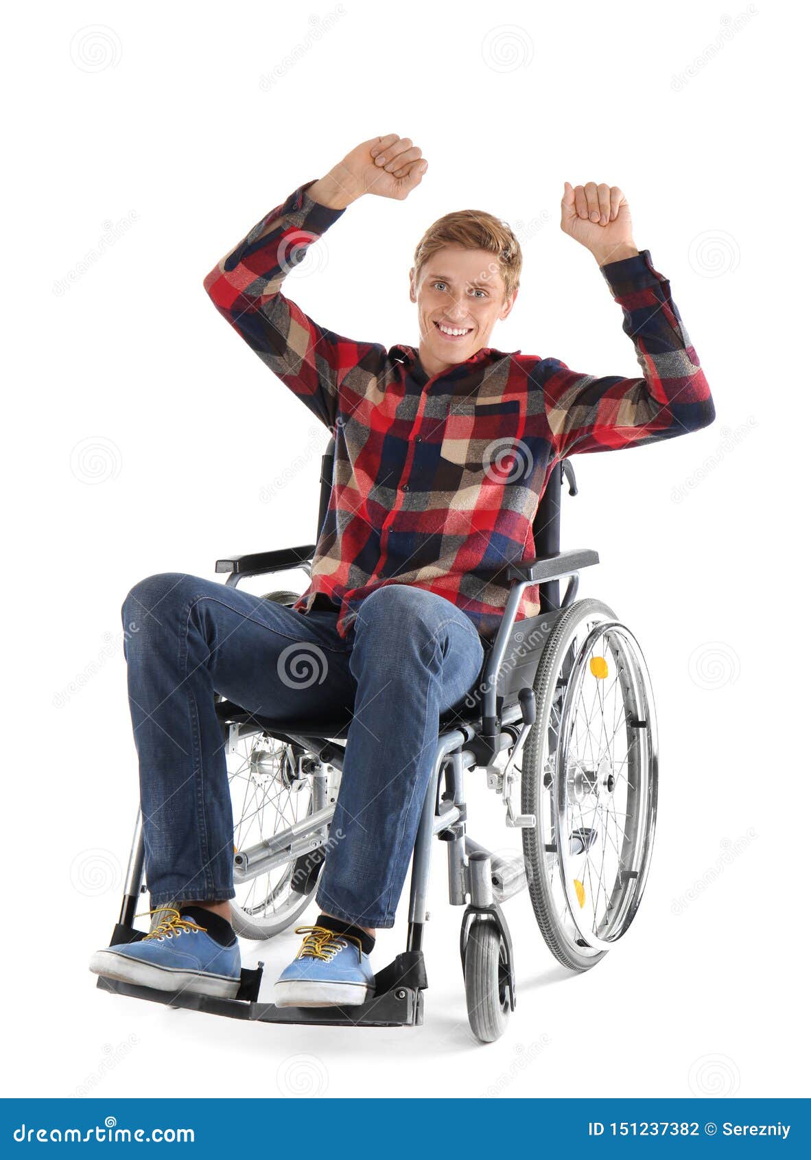 Happy Young Man Sitting in Wheelchair on White Background Stock Photo ...
