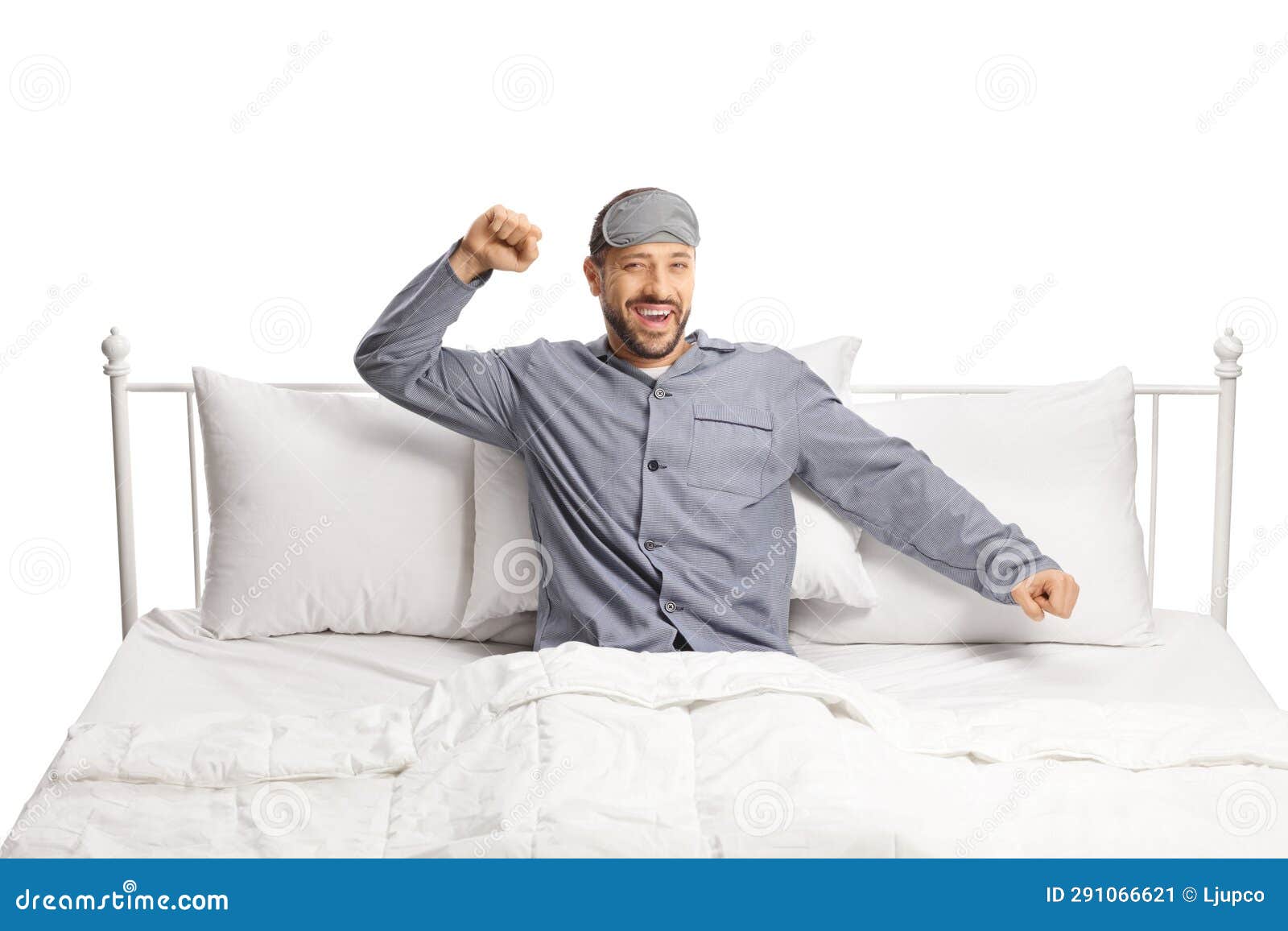 Happy Young Man Stretching in a Comfortable Bed Stock Image - Image of ...