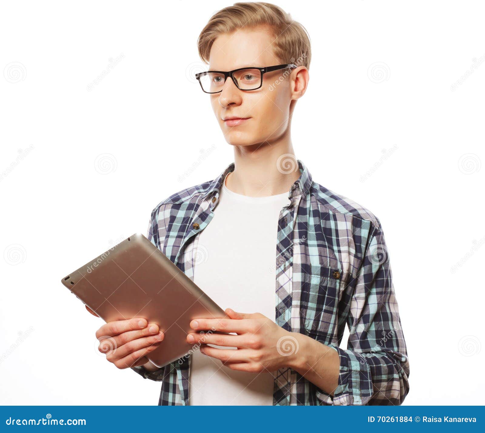 Happy Young Man Using Digital Tablet Isolated Stock Photo - Image of ...