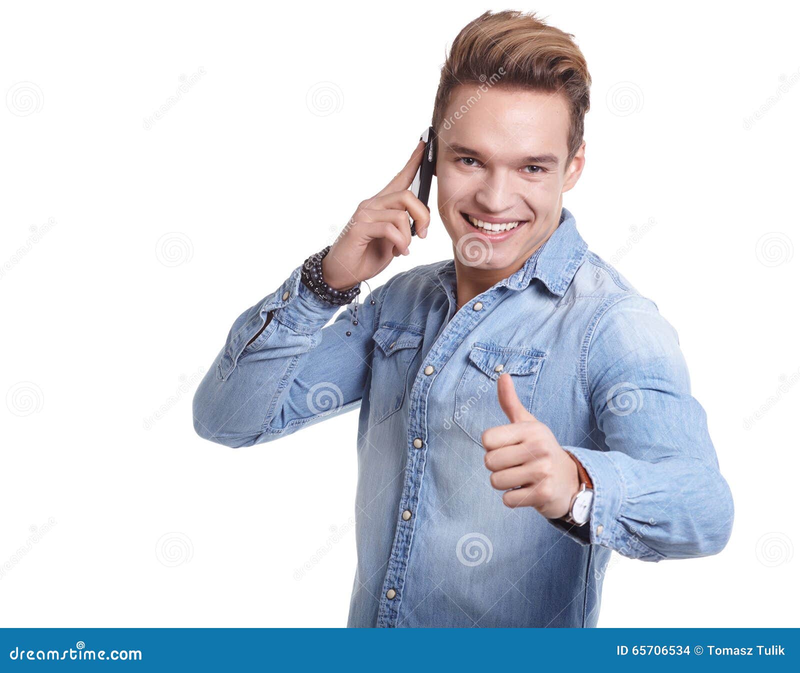 Happy Young Man Using Mobile Phone Isolated on White Background Stock ...