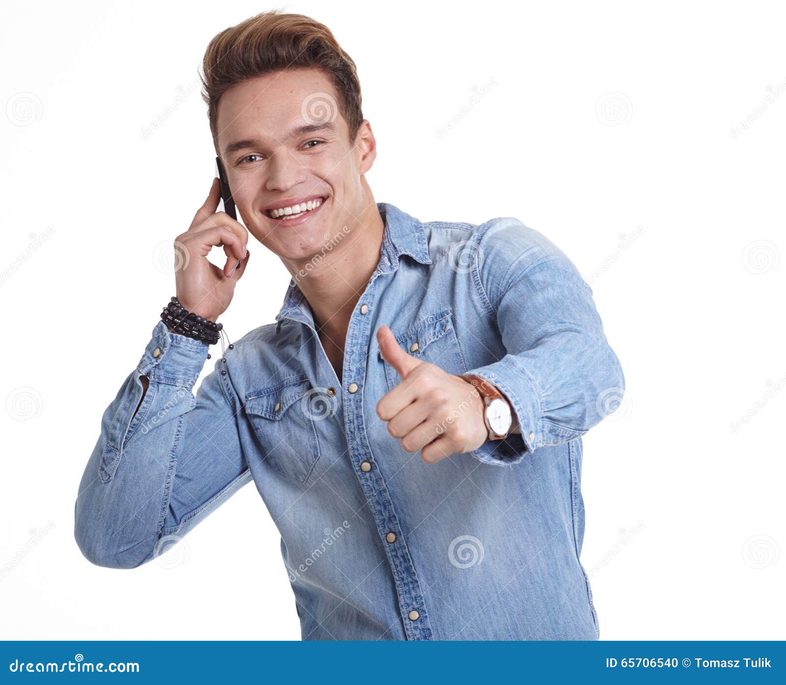 Happy Young Man Using Mobile Phone Isolated on White Background Stock ...