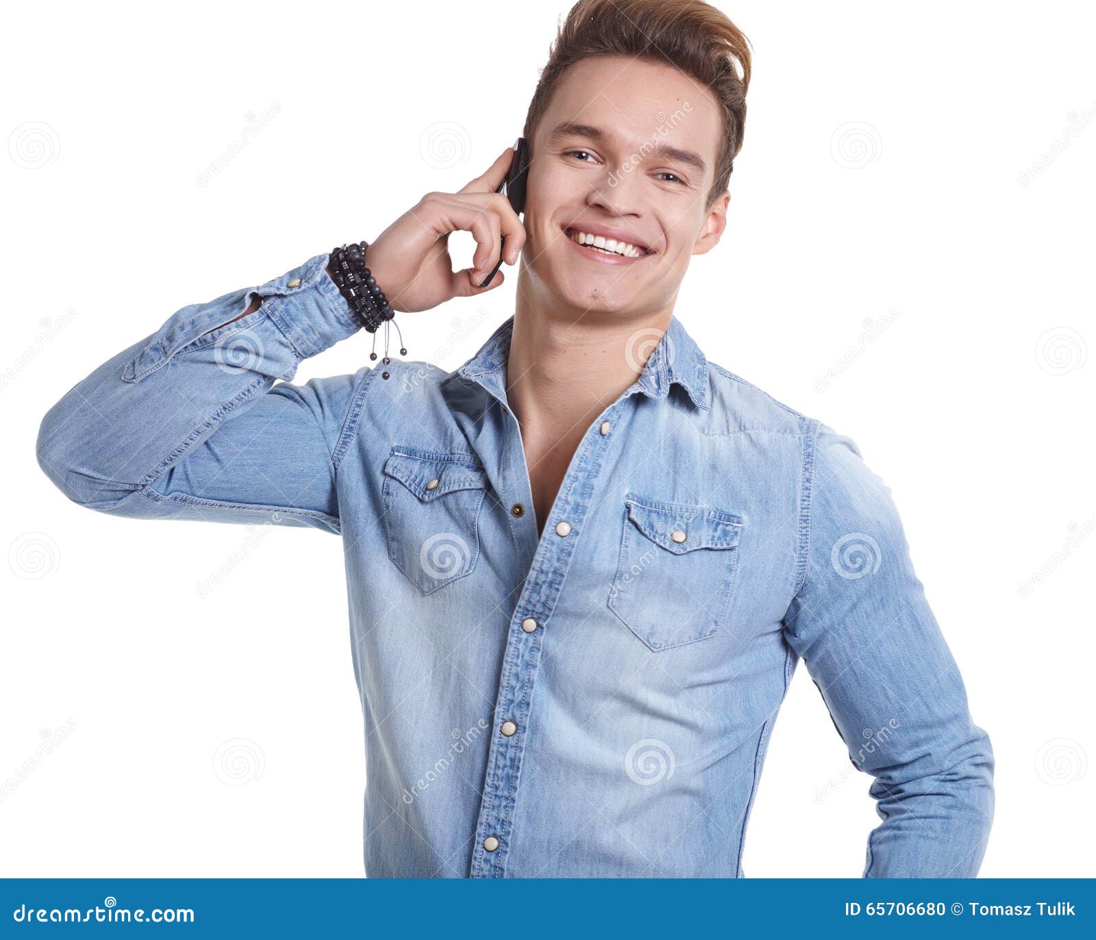Happy Young Man Using Mobile Phone Isolated on White Background Stock ...