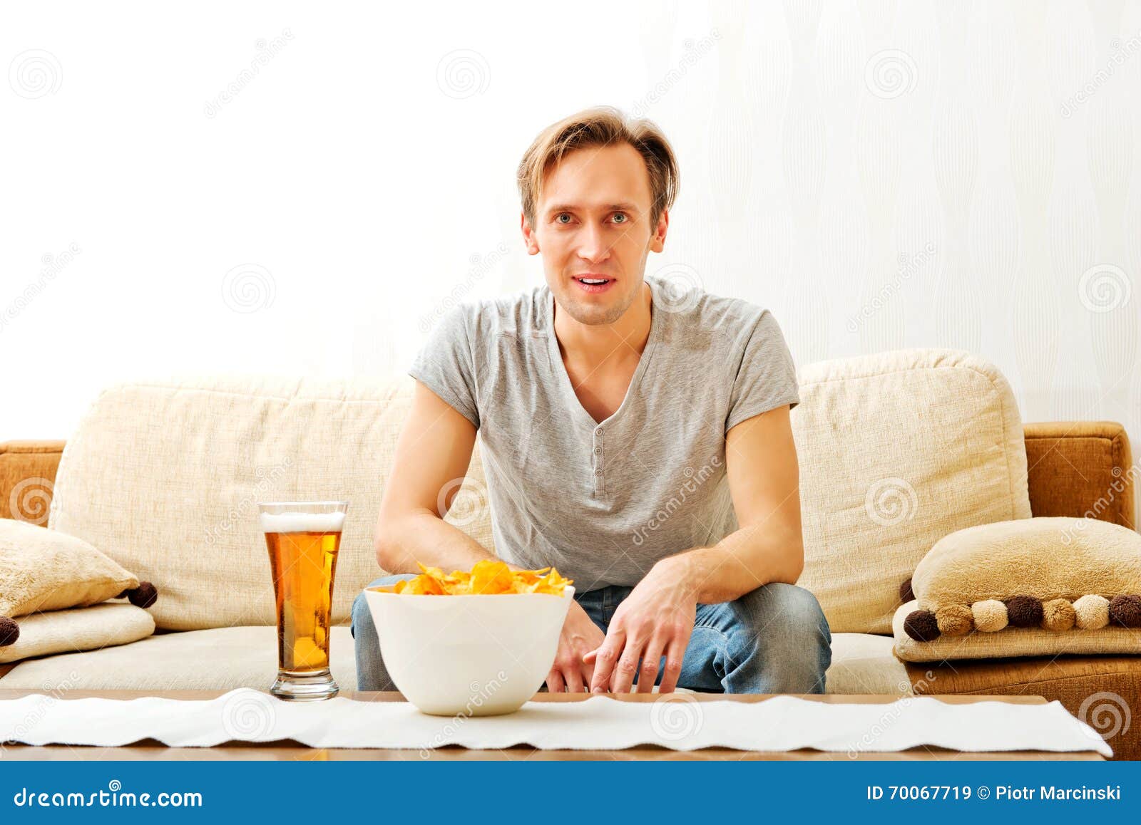 Happy Young Man Watching Sports on Tv Stock Image - Image of happy ...