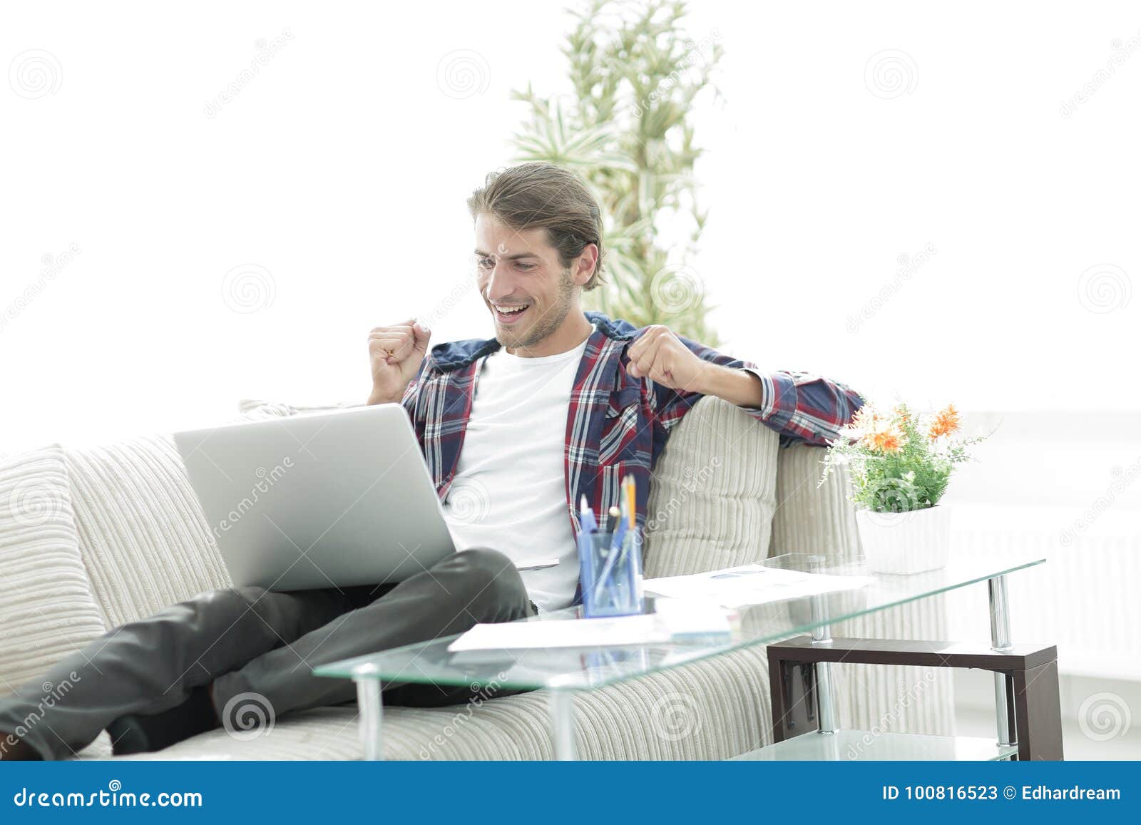 Happy Young Man Working with Laptop from Home. Stock Image - Image of ... Happy Young Man Working with Laptop from Home. Stock Image - Image of ...