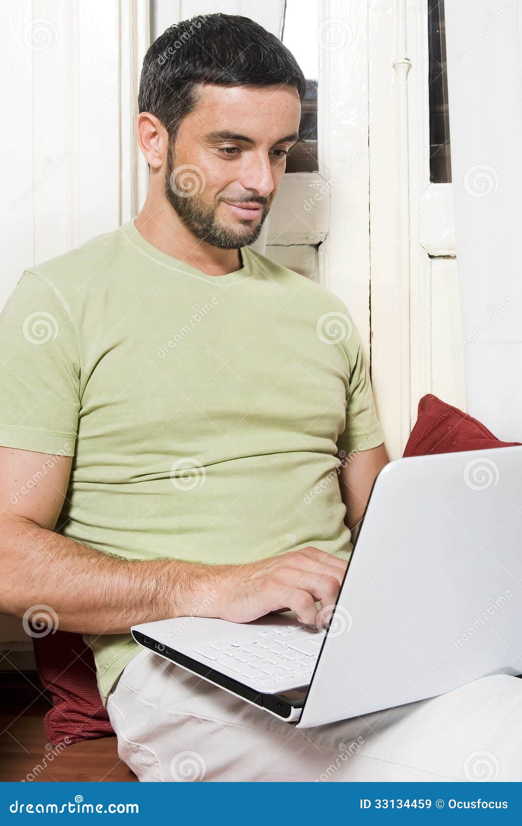 Happy Young Man Working on Laptop at Home Stock Image - Image of ...
