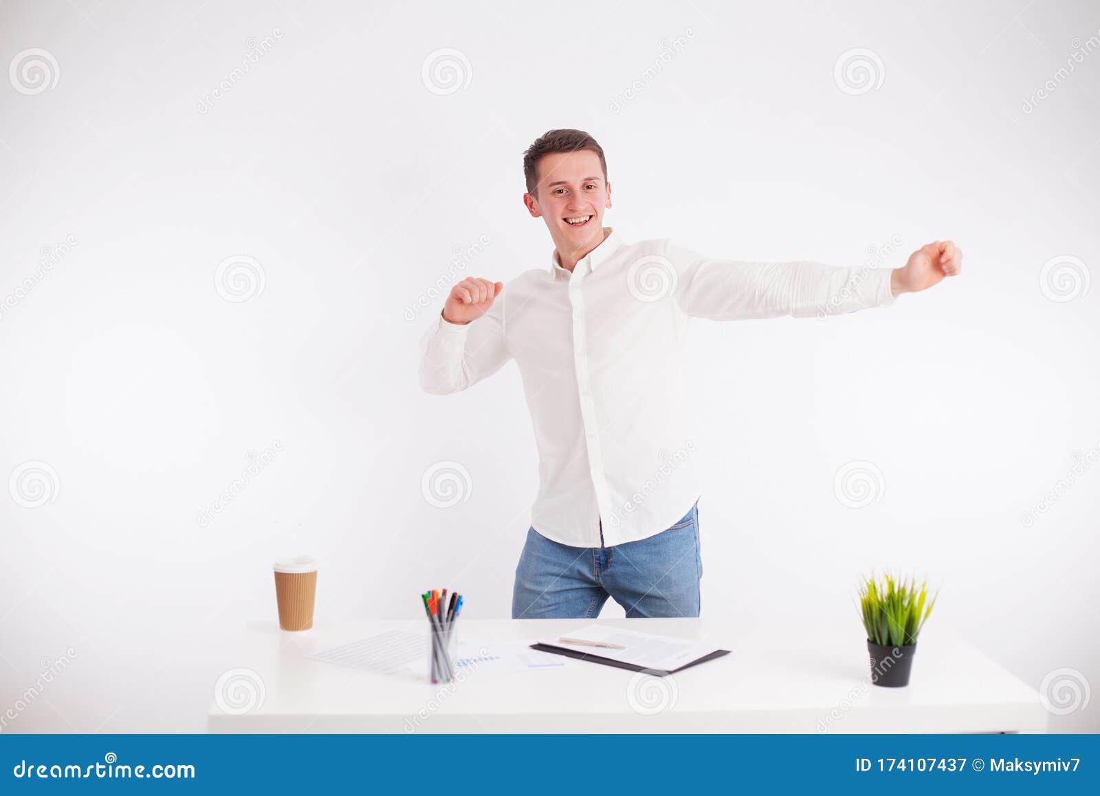 Happy Young Man Working on Laptop Satisfied with Work Done. Stock Image ...