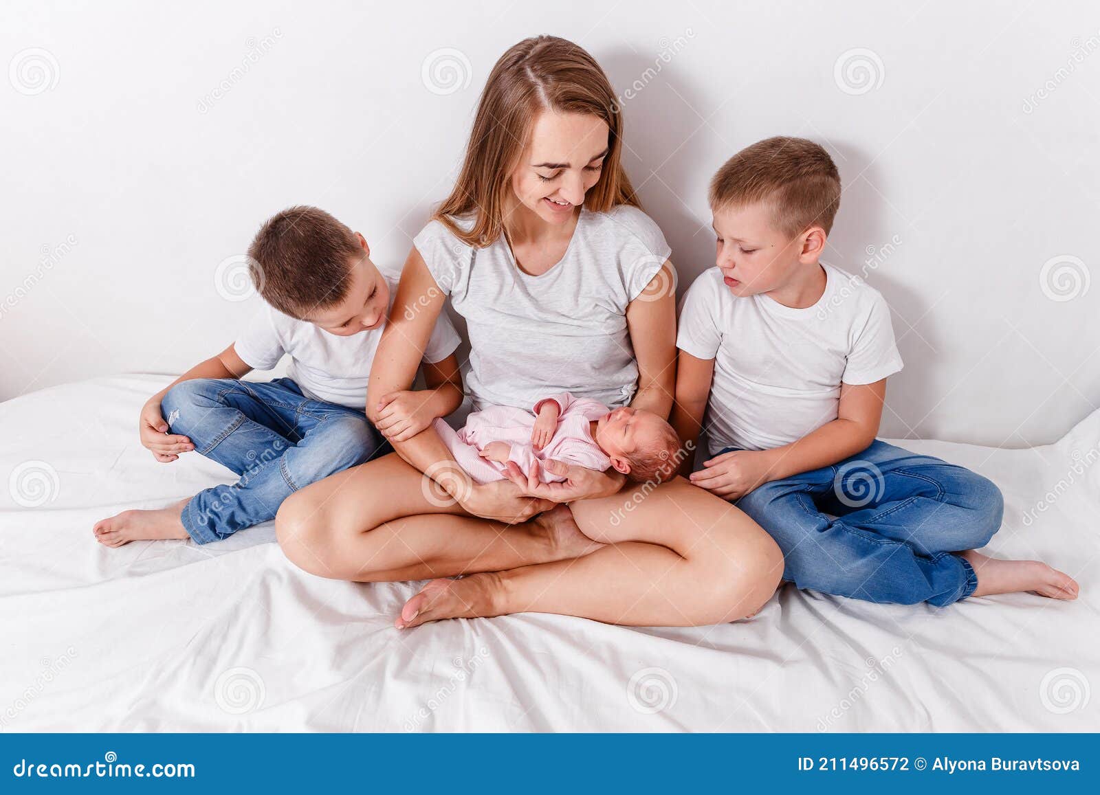 Happy Young Mother and Three Children Stock Photo - Image of motherhood ...