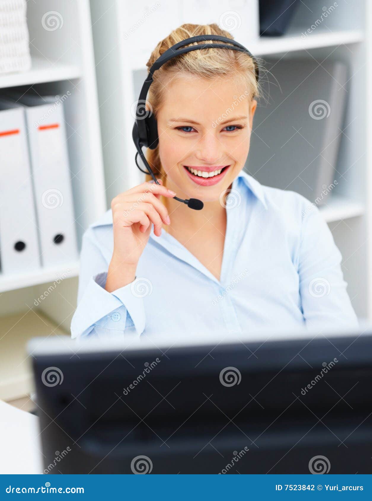Happy Young Office Worker Wearing Headset Stock Photo - Image of ...