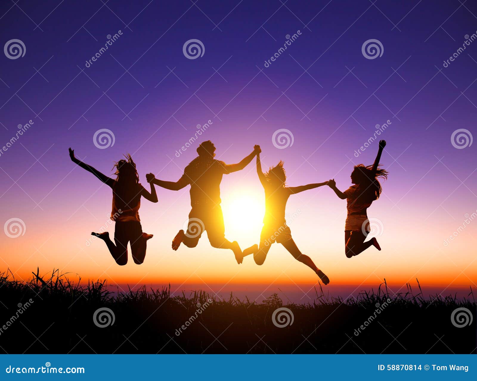 Happy Young People Jumping on the Mountain Stock Photo - Image of ...