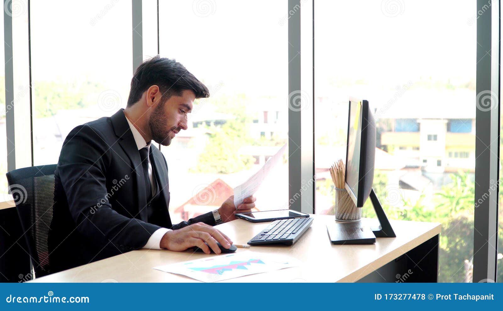 Happy Young Professional Businessman Sitting in Office and Working and ...
