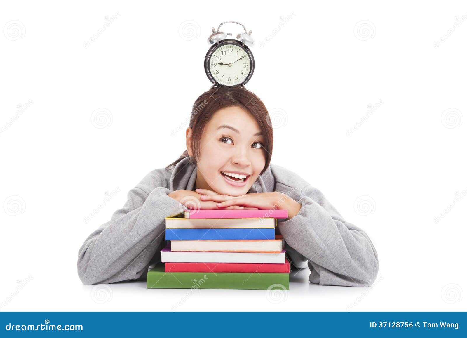 Happy Young Student Looking Clock with Books Stock Photo - Image of ...