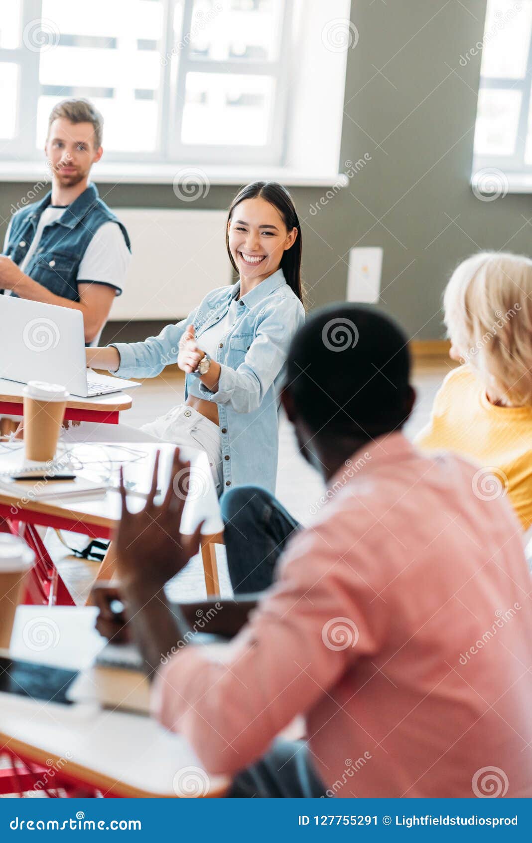 Happy Young Students Chatting at Classroom Stock Image - Image of ...