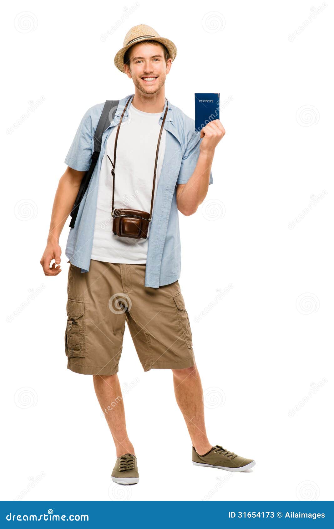 Happy Young Tourist Travel Passport Isolated White Background Stock
