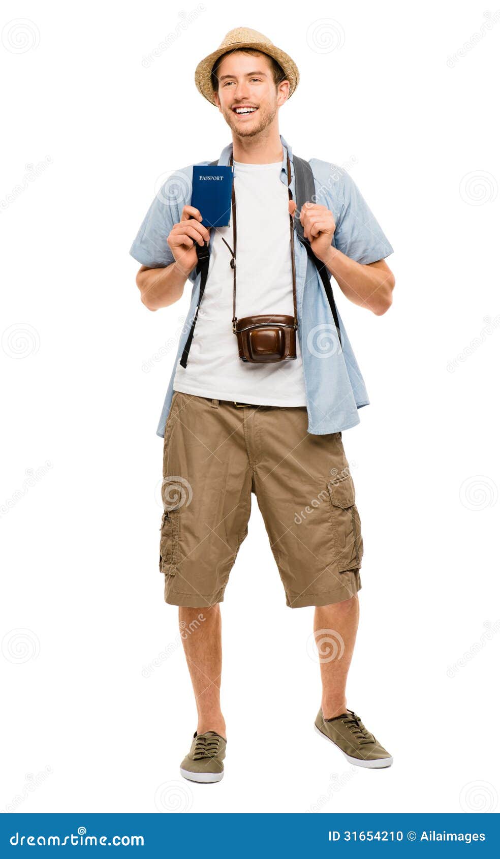 Happy Young Tourist Travel Passport Isolated White Background Stock