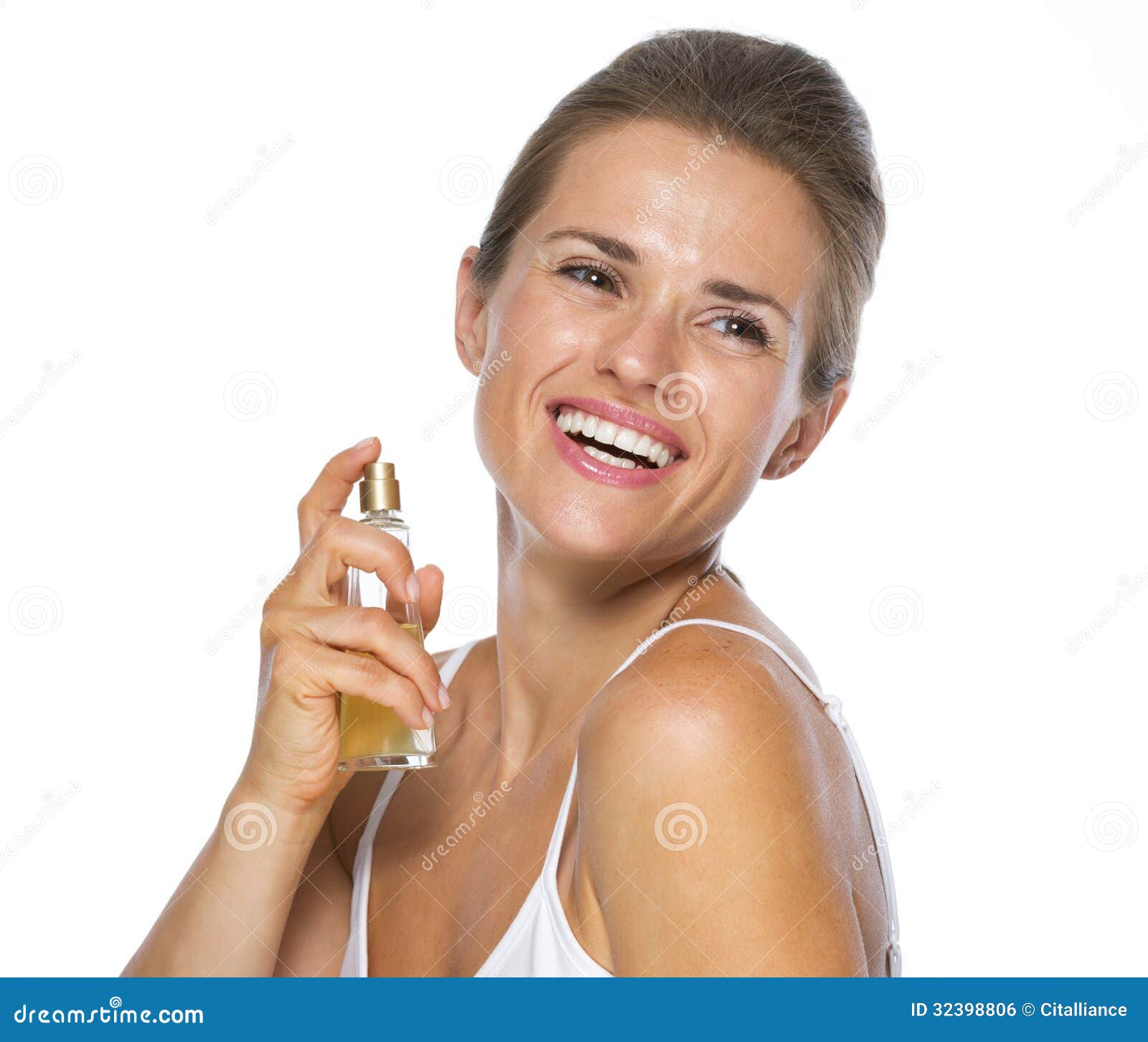 Happy Young Woman Applying Perfume Stock Photo - Image of pretty, apply ...