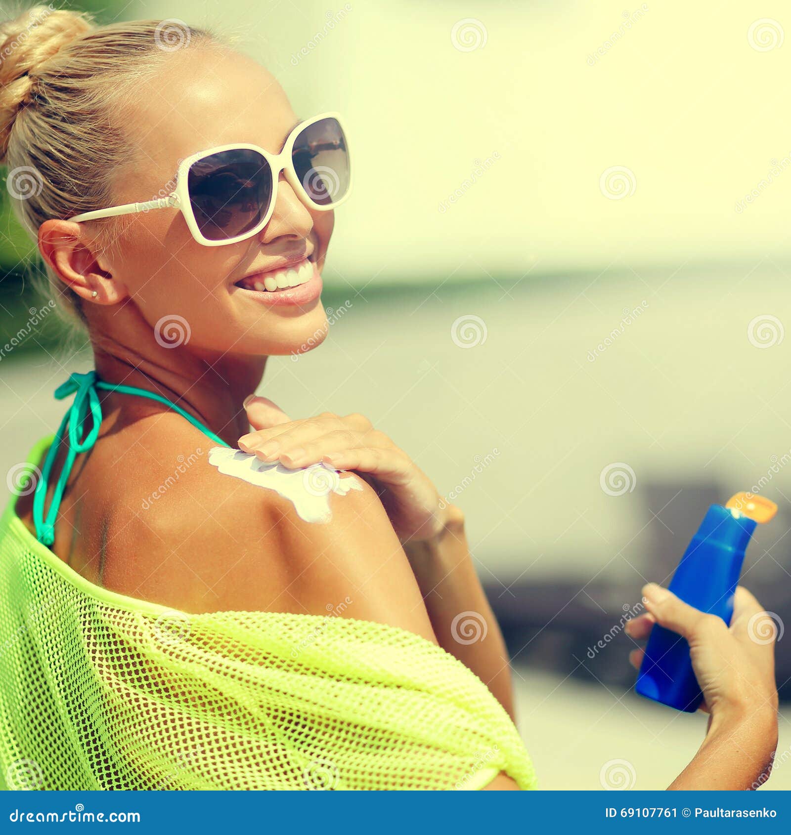 Happy Young Woman Applying Sunscreen Lotion Stock Image - Image of ...