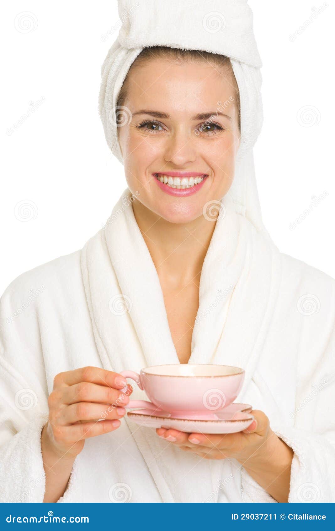 Happy Young Woman in Bathrobe Holding Cup of Tea Stock Image - Image of ...