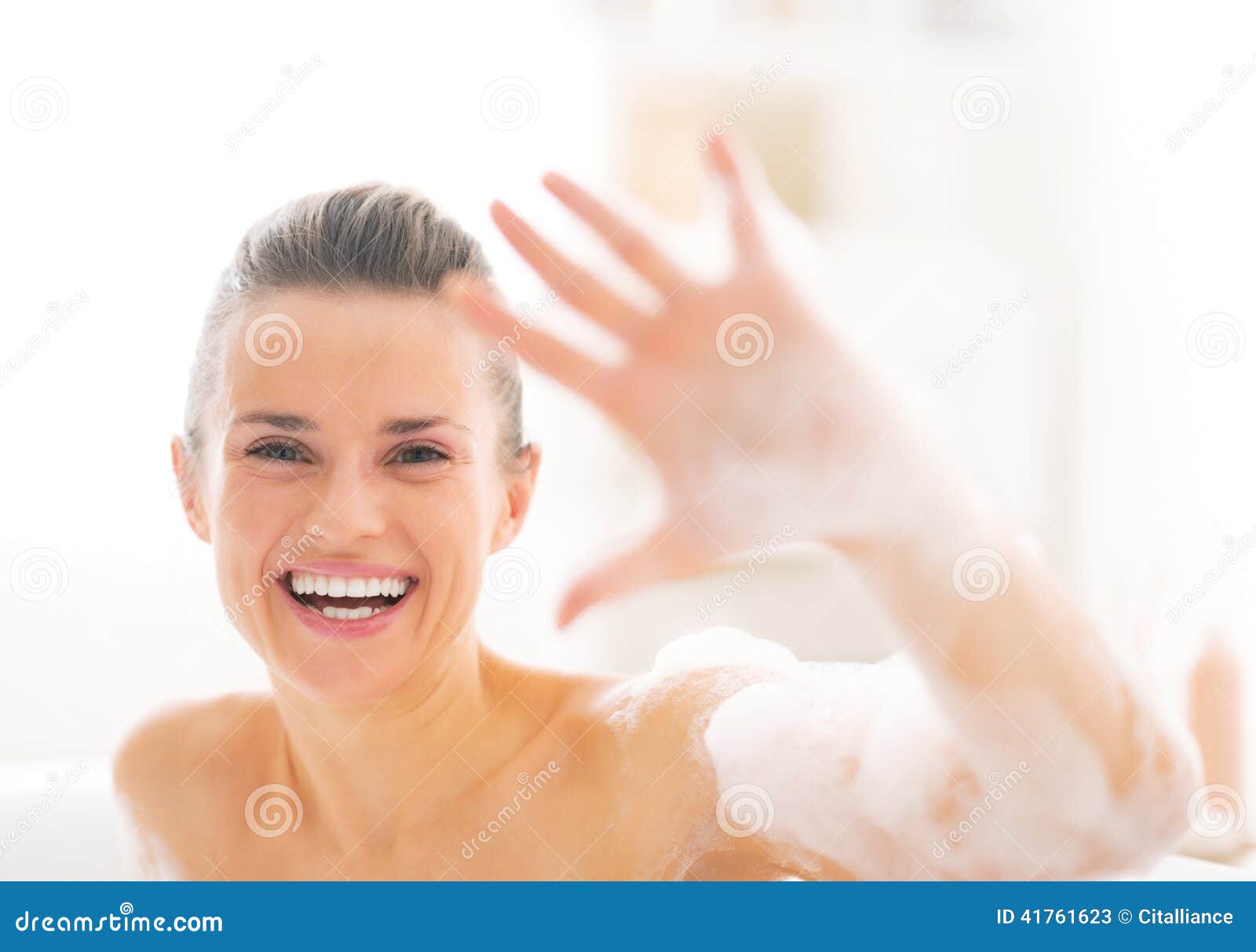 Happy Young Woman In Bathtub Showing Foam Stock Image Image Of Modern