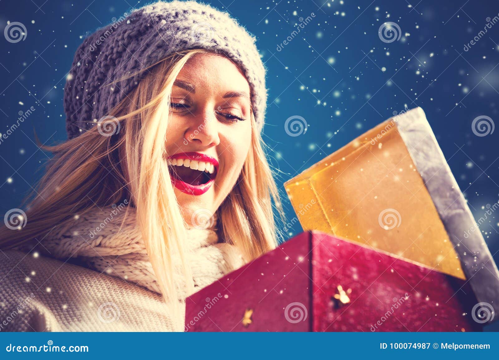 Happy Young Woman with Christmas Present Box Stock Image - Image of ...