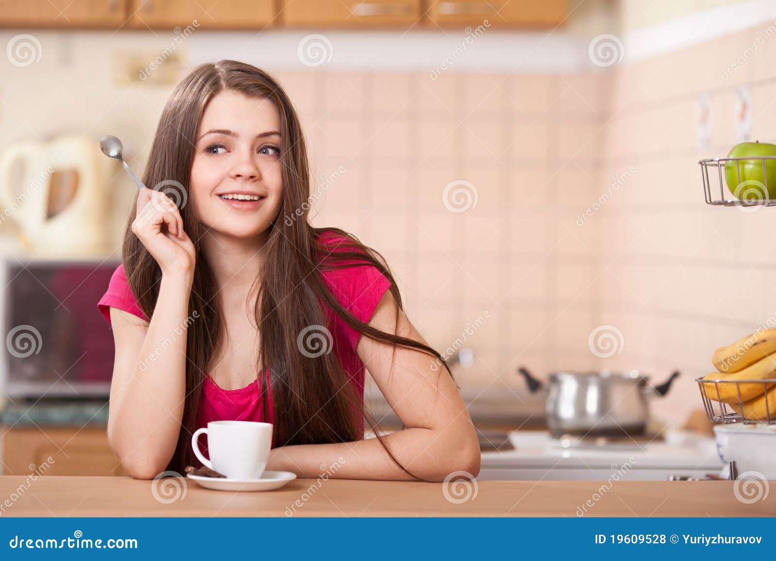 Happy Young Woman Drinking Coffee at Home Stock Photo - Image of ...