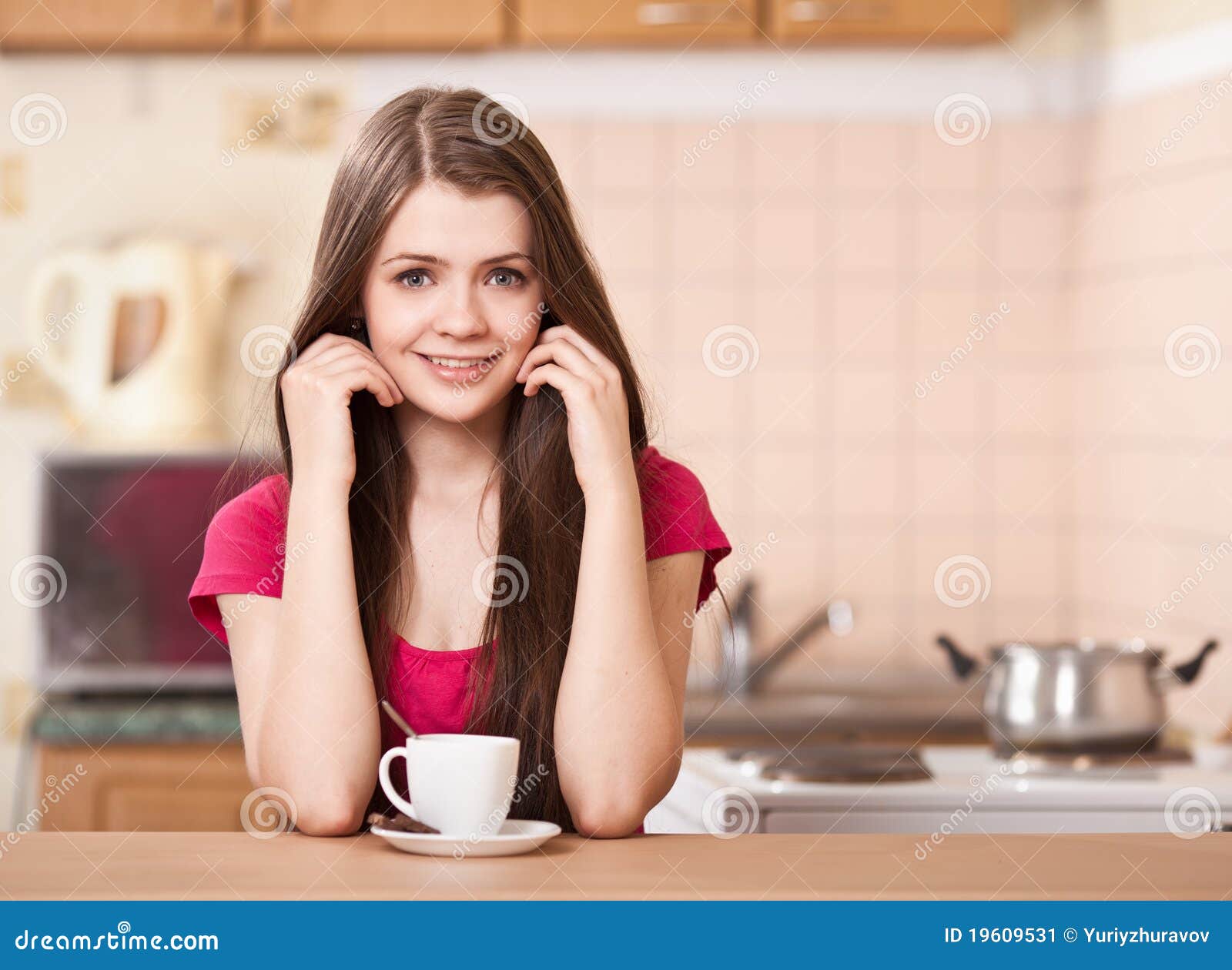 Happy Young Woman Drinking Coffee at Home Stock Image - Image of drink ...