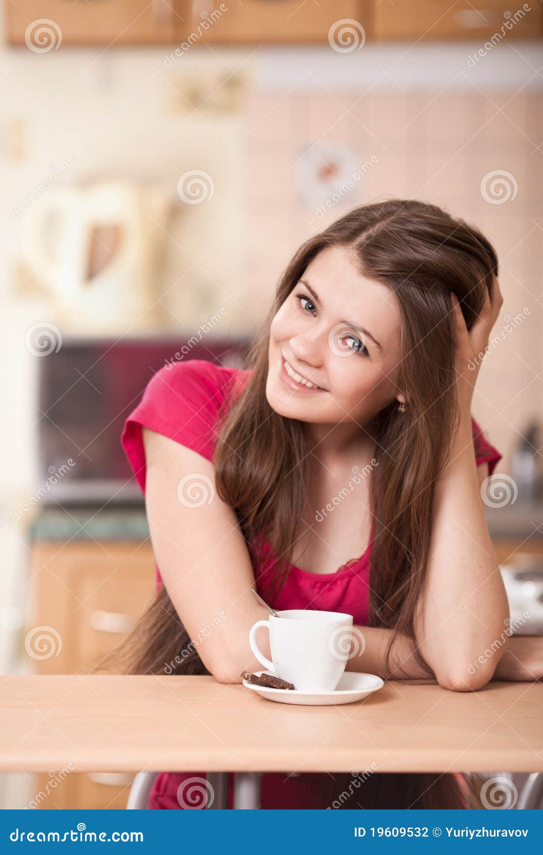 Happy Young Woman Drinking Coffee at Home Stock Photo - Image of ...