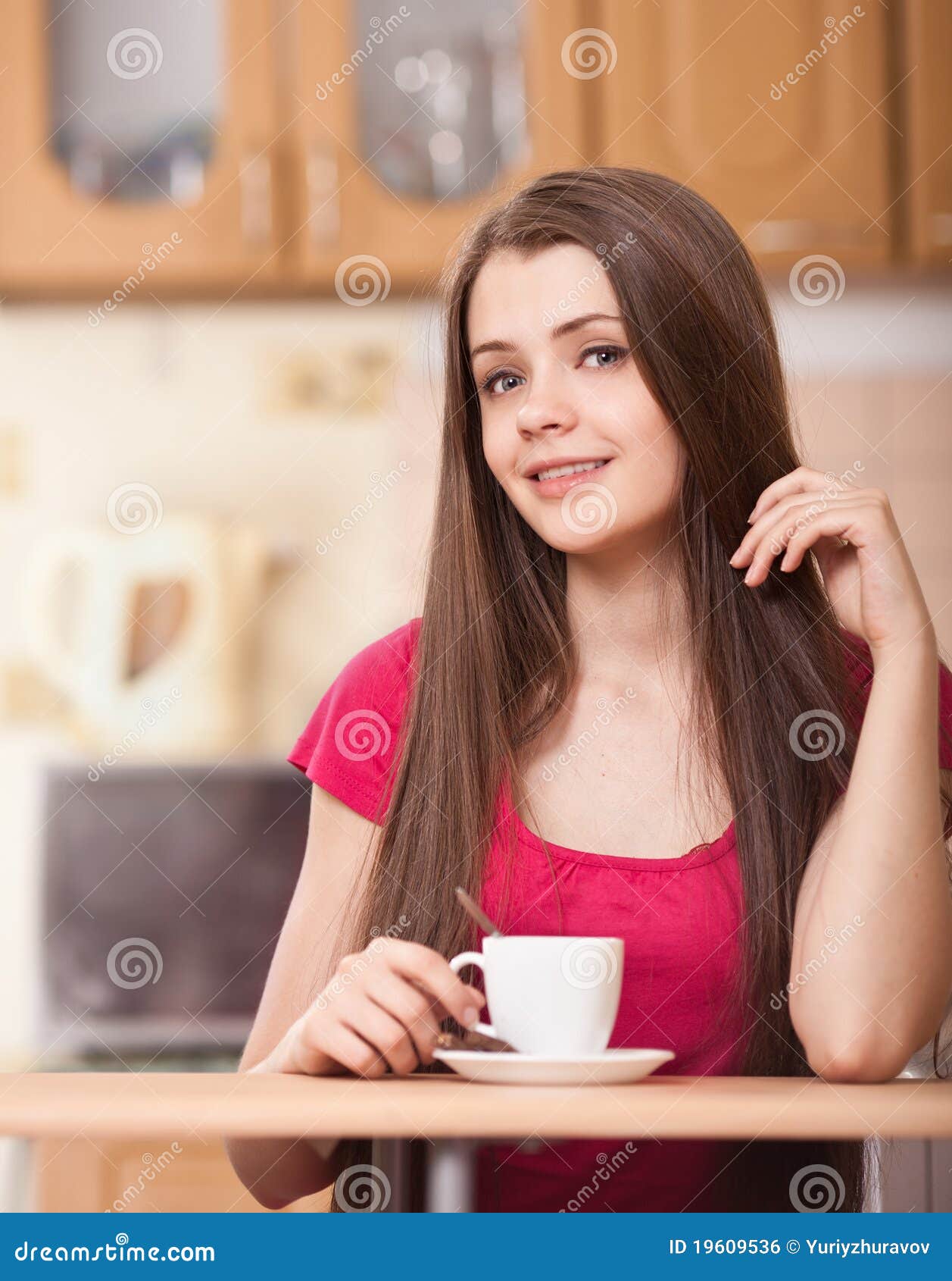 Happy Young Woman Drinking Coffee at Home Stock Photo - Image of ...