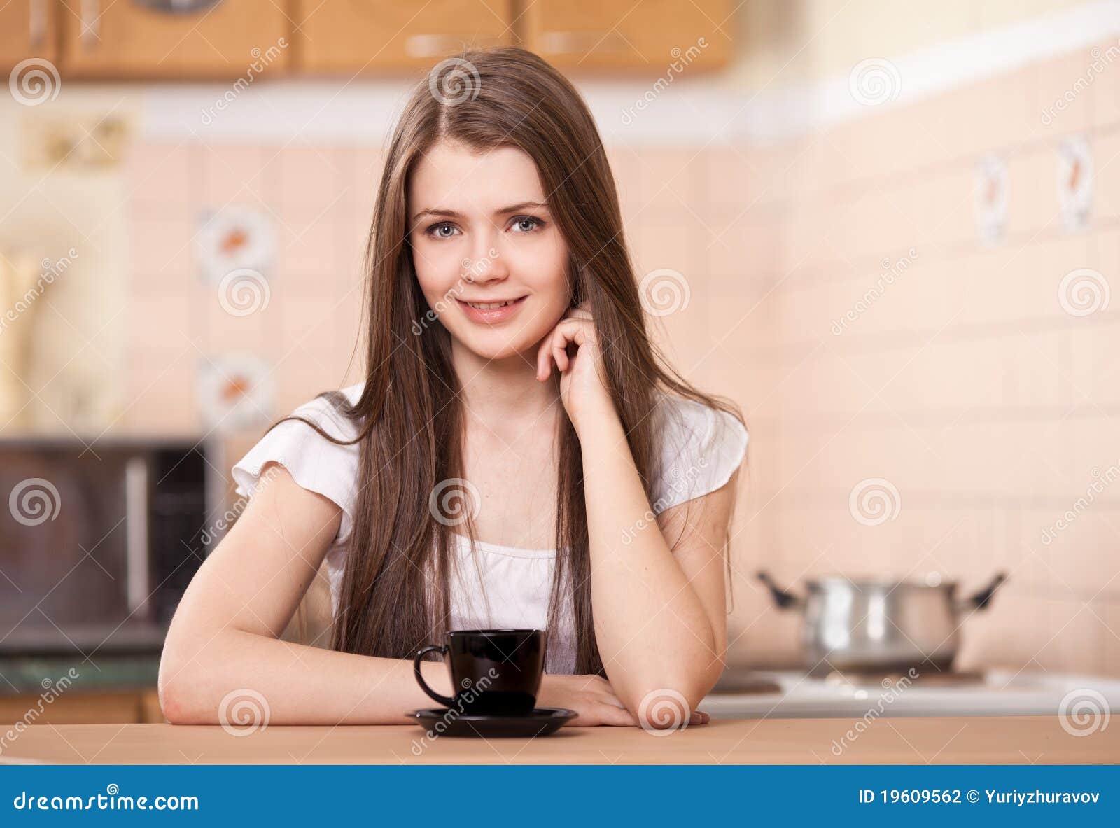 Happy Young Woman Drinking Coffee at Home Stock Photo - Image of ...