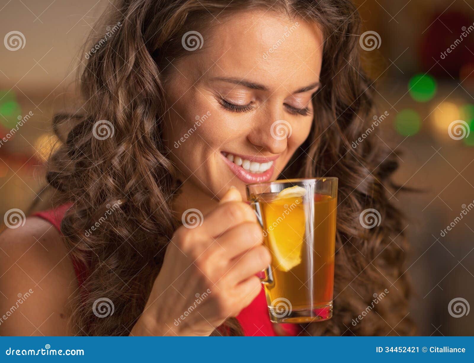 Happy Young Woman Drinking Ginger Tea with Lemon Stock Image - Image of ...