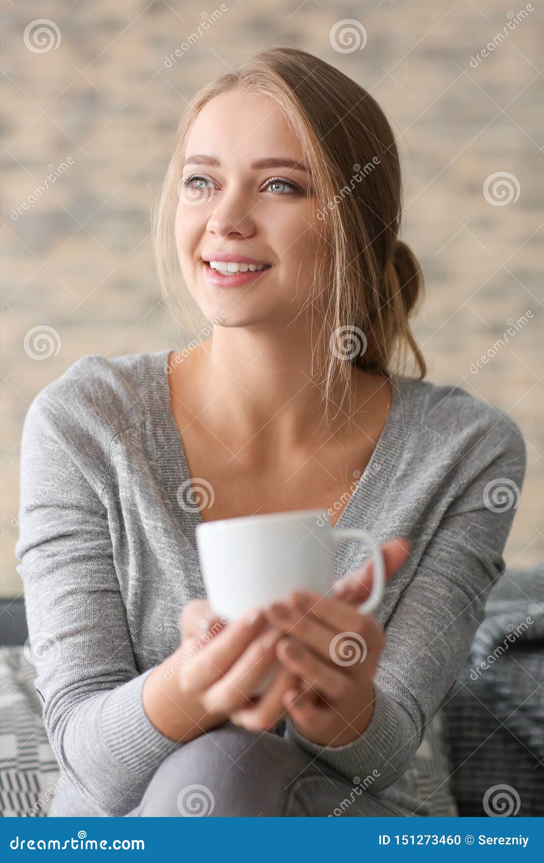 Happy Young Woman Drinking Tea at Home Stock Photo - Image of person ...